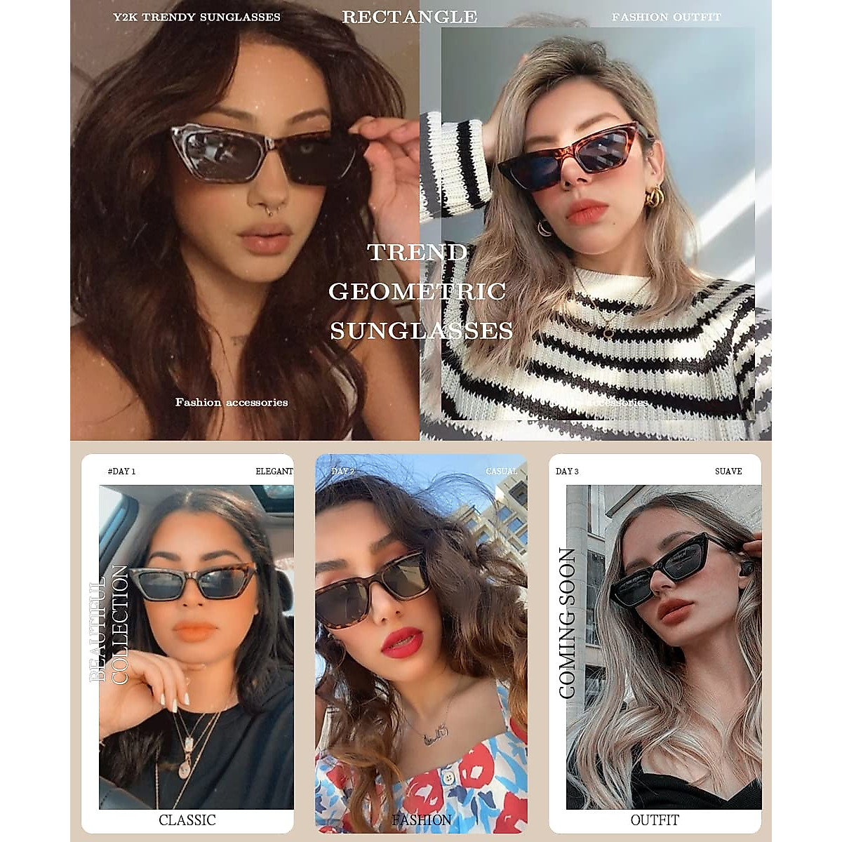 BOJOD 2Pack Small Square Cat Eye Sunglasses for Women Trendy Retro Skinny Cool 90s Sunglasses Black+Tortoise