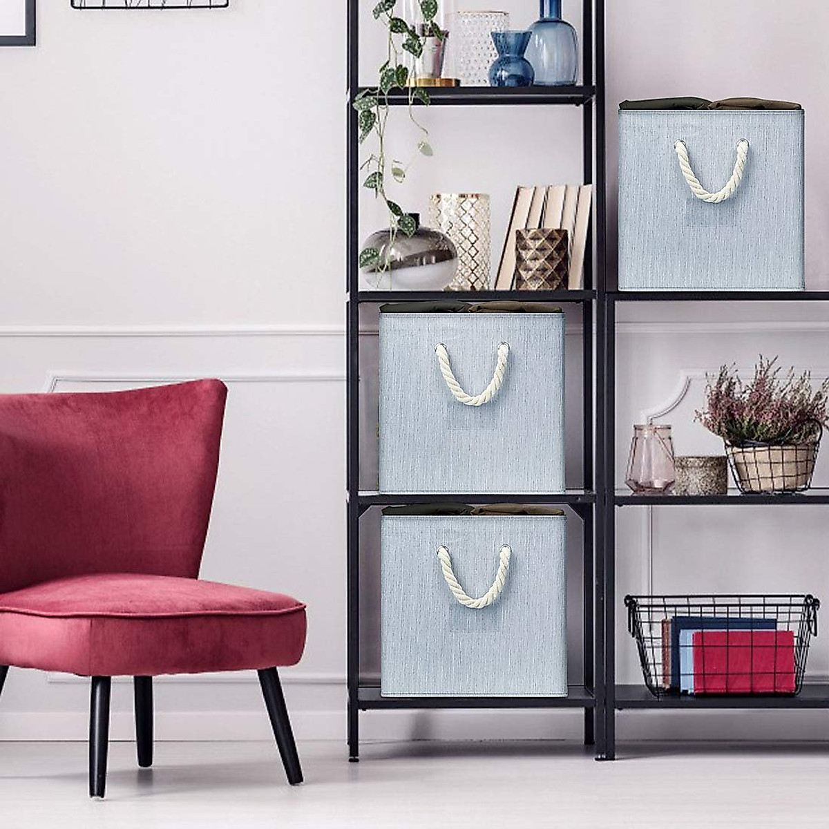 i BKGOO Foldable Storage Cube Bins Grey Bamboo Fabric Collapsible Resistant Basket Box Organizer with Cotton Rope Handle for Home Office and Nursery 13x13x13 inch