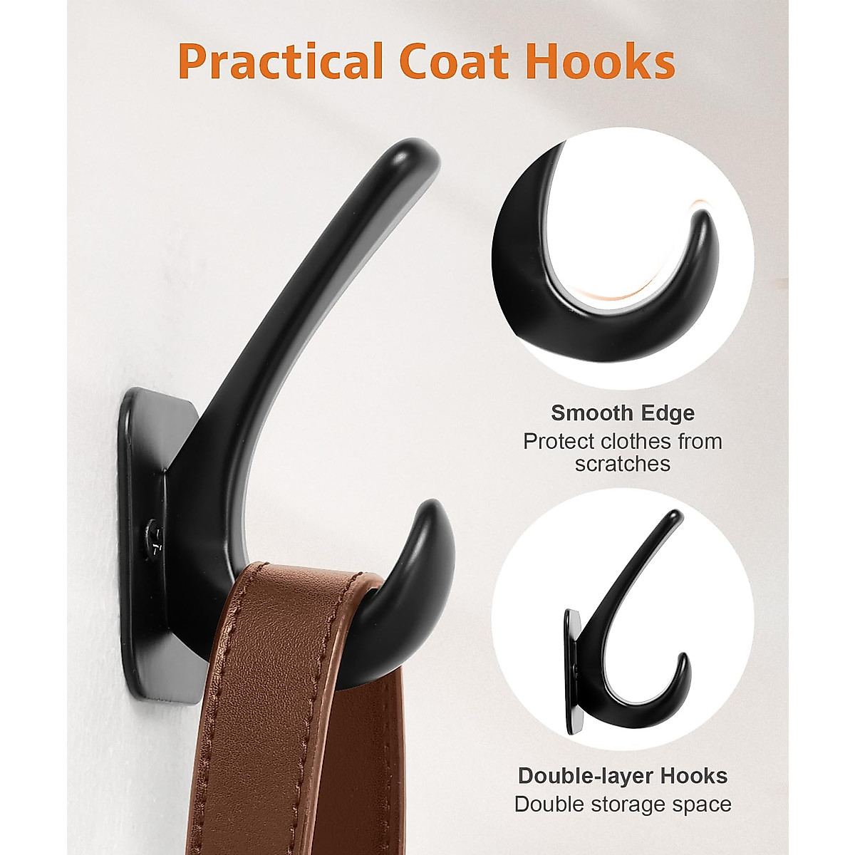 Optish 6 Pack Black Coat Hooks Wall Mount, Heavy Duty Wall Hooks for Hanging, Backpack Hooks for Wall, Metal Towel Hooks for Hanging Hat, Purse, Robe