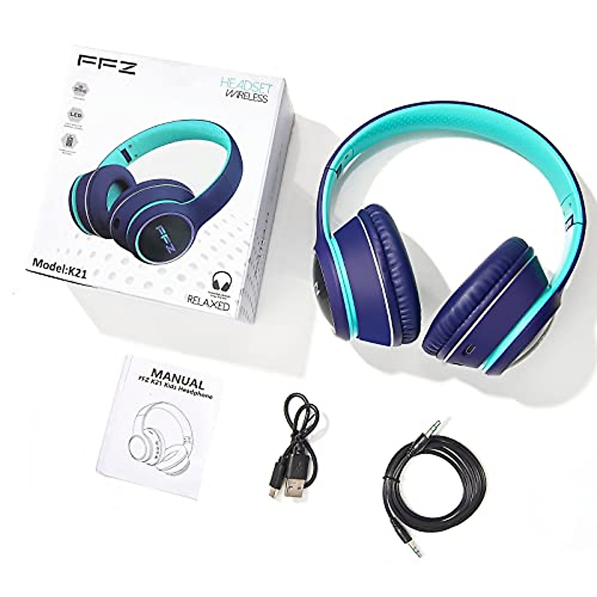 FFZ Kids Bluetooth Headphones, Kids Wireless Headphones, Headphones for Kids for School, Built-in Microphone, Colorful LED Lights, Foldable Headset, for Ipad/Tablet/Car/Airplane(Navy Blue)