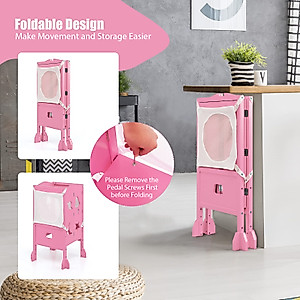 Costzon Kids Kitchen Step Stool with Safety Rail, Folding Wooden Step Helper w/Adjustable Height, Blackboard, Protective Netting, Stable Fixed Feet, Countertop Standing Tower for Toddlers(Pink)