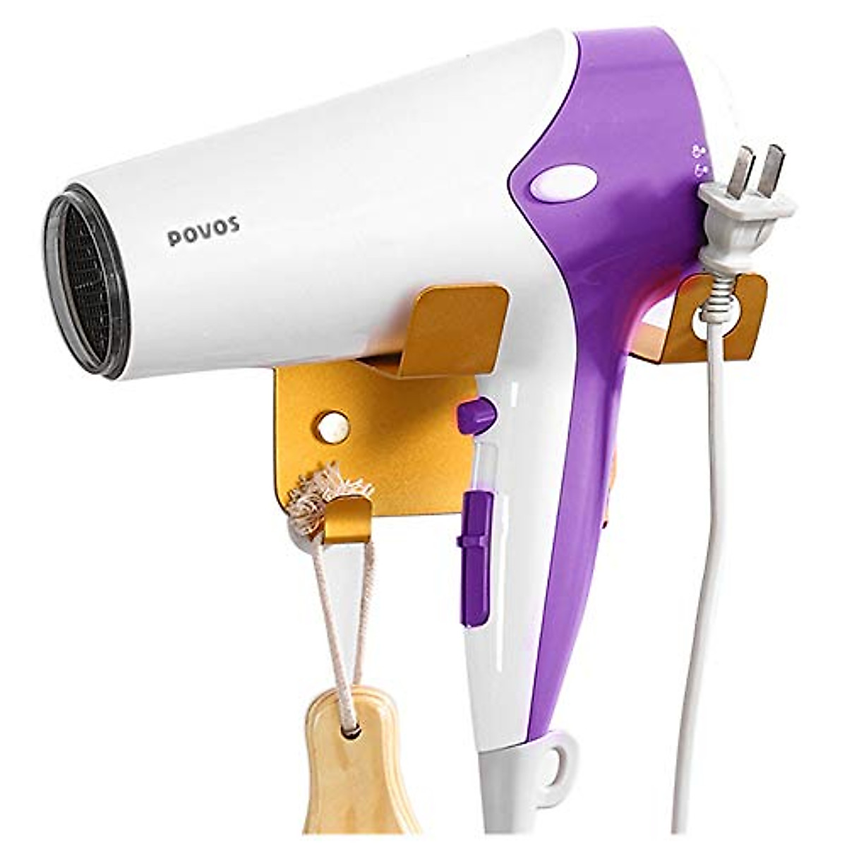 Yzger Hair Dryer Holder Hair Blow Dryer Rack Wall Mount Include Power Plug Hook Wall Punching Mounted Punching or Self-Adhesive Two Ways to Use and Fit for Most Hair Dryers (Gold)