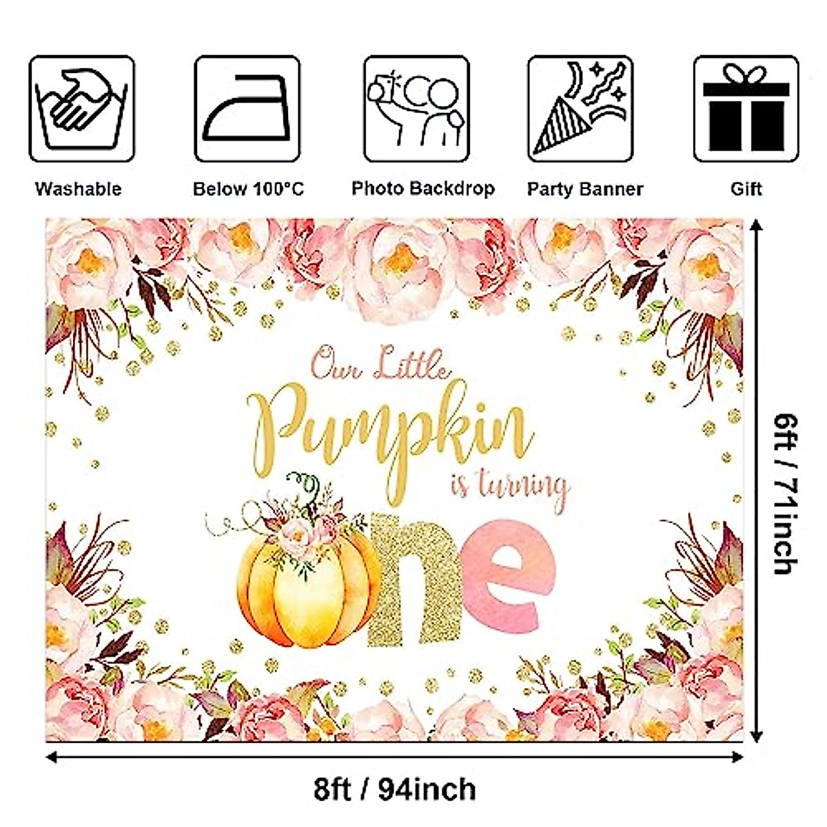 Avezano Pumpkin 1st Birthday Backdrop Floral Litttle Pumpkin First Birthday Background Fall Autumn Girl Pink and Gold Dots Pumpkin Birthday Background (8x6)