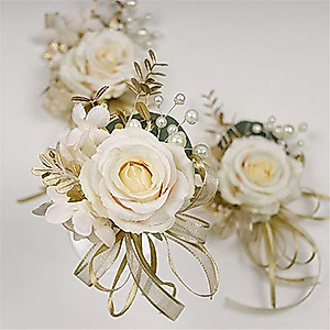 USIX 2pc Pack-Handmade Artificial Flower Rose with Gold Leaves Ribbons Artificial Pearls Wrist Corsage Hand Flower with Elastic Wristband for Girl Bridesmaid Wedding Party Prom (Wrist Corsage)