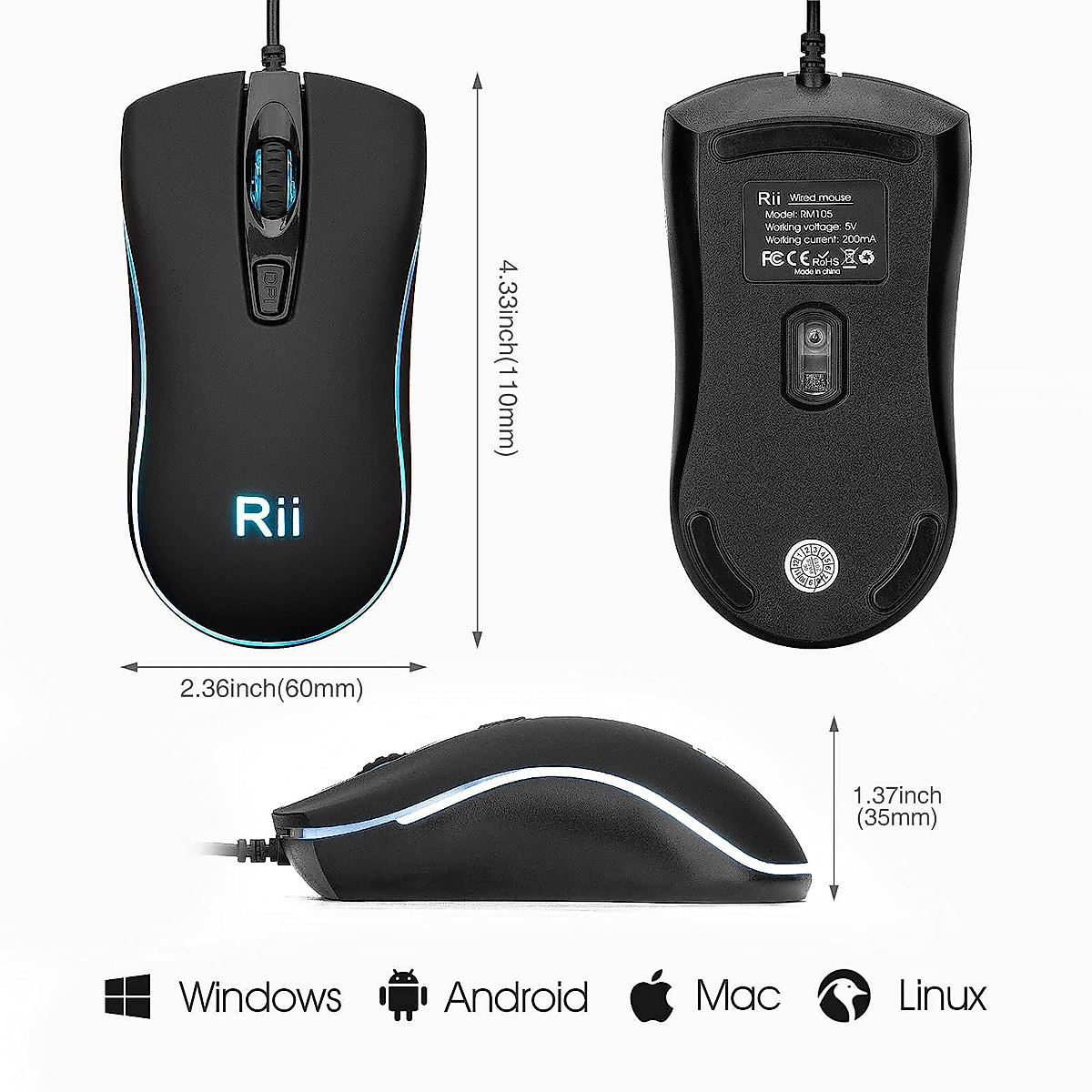 Rii Wired Mouse, RM105 USB Computer Mouse,Blue LED Optical Office Mice for PC,Computer,Laptop,Desktop,Windows (RM105 1PACK)