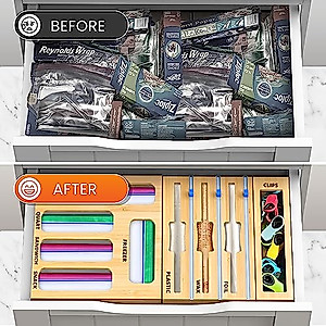 Ziplock Bag Organizer with Foil and Saran Wrap Dispenser With Cutter For Kitchen Drawer - 9 in 1 Bamboo Food Storage Organizer Perfect For Plastic Ziploc Gallon, Sandwich Baggies & 12” Rolls mHomeAid