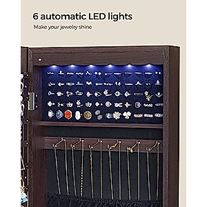 SONGMICS Hanging Jewelry Cabinet, Wall-Mounted Cabinet with LED Interior Lights, Door-Mounted Jewelry Organizer, Full-Length Mirror, Gift Idea, Brown UJJC99BR