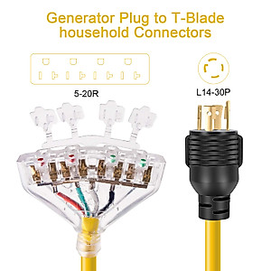 Rophor 30 Amp to 110 Adapter Generator Power Cord, 4 Prong 30 Amp to 15 Amp Generator Adapter, Nema L14-30P Male to 4X 5-20R Female with Dust Protection Caps, 1.5 FT