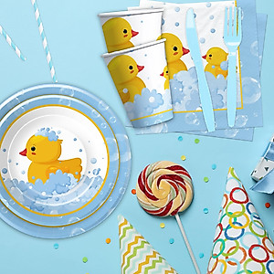 APOWBLS Rubber Duck Decorations Tableware - Duck Party Supplies For Baby Shower Birthday, Paper Plate, Napkin, Tablecloth, Fork, Bubble Bath Rubber Duck Party Decorations Dinnerware | Serve 24