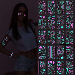 20-Sheet Glow in the Dark temporary tattoos 160+ Styles Adult Fluorescent UV Neon body glitter & Face Waterproof fake tattoo Stickers for Men & Women - Ideal for Rave, Festival Party Supplies