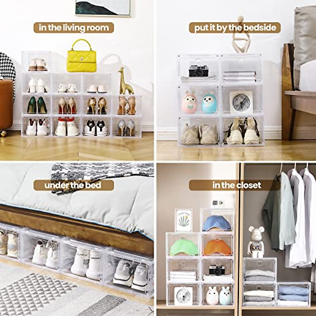 Amllas 10 Pack Clear Shoe Boxes Stackable,Shoe Storage for Closet,Sturdy Box Containers with Door,Sneaker Storage,Easy to Assemble,Fit up US Size 12(13.8”x 9.84”x 7.1”)