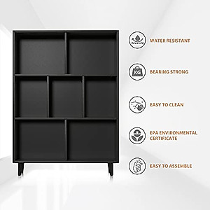 LAR-ME 3-Tier Bookshelf, Mid Century Bookcase with Legs, 7 Cube Wood Bookshelves Storage Organizer Shelf, Free Standing Narrow Book Shelves for Bedroom, Living Room, Office (Black)