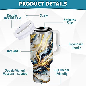 Maunzc 40 oz Tumbler with Handle and Straw, Insulated Stainless Steel Travel Mug with Lid for Coffee, Iced Tea, Water, Gift for Men Women (White Blue Gold Marble)