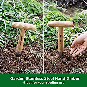 Berry&Bird Hand Dibber, Stainless Steel Sow Dibbler with Wood Handle, Garden Hole Punch Dibbler Tool for Planting Seeds & Bulbs, Hand Held Bulb Planter for Planting Flowers Tulips, Daffodils, Dahlias