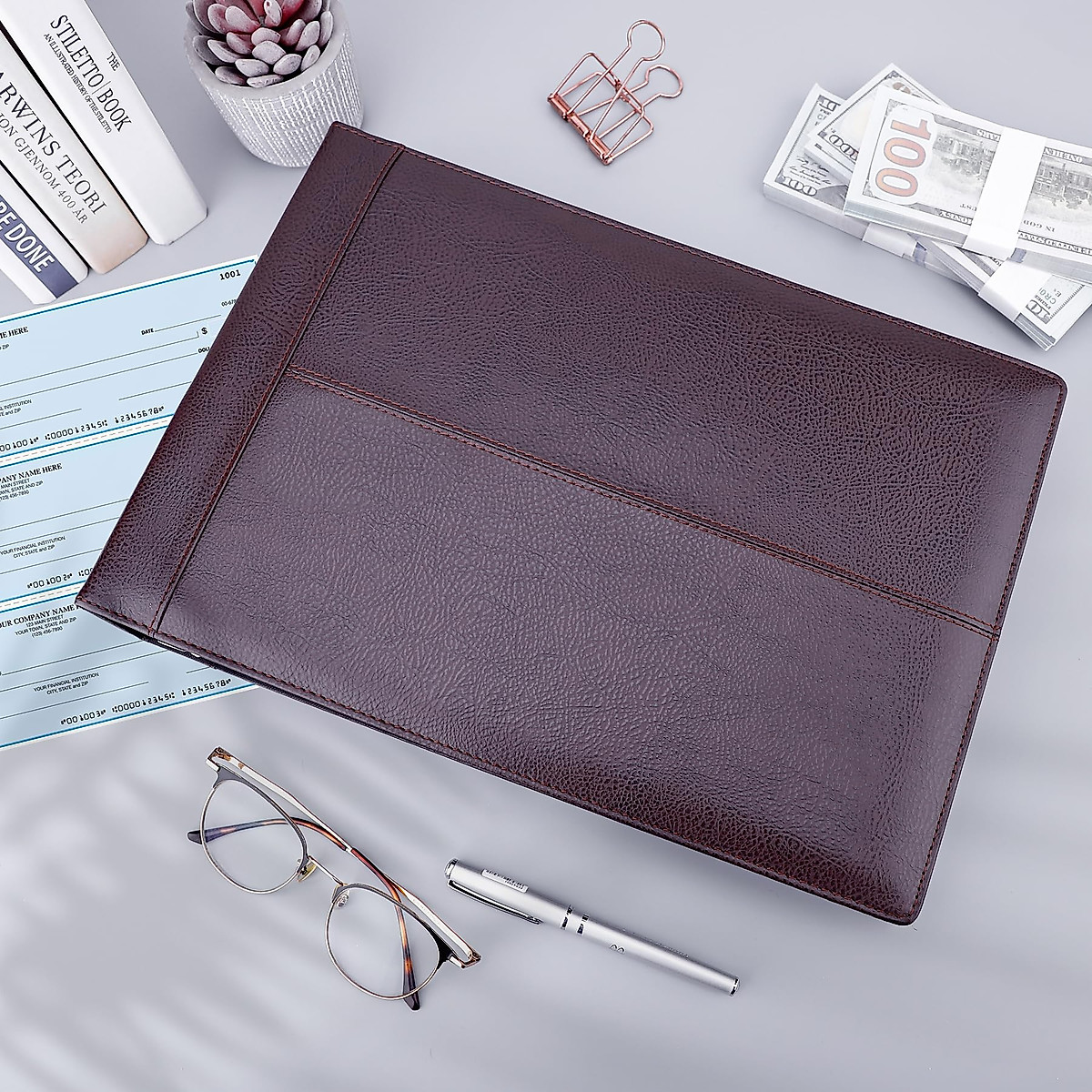 Antner 7 Ring Business Checkbook Binder for Business Checks, 600 Sheets Capacity, PU Leather Check Book Binder Cover with Zipper Pouch, Executive Organizer Portfolio Holder for 9" x 13" Sheets, Coffee