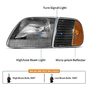 DWVO Headlight Assembly Compatible with 1997-2003 Ford F-150 Pickup/1997-2002 Ford Expedition Headlamp with Corner Light Black Housing Amber Reflector