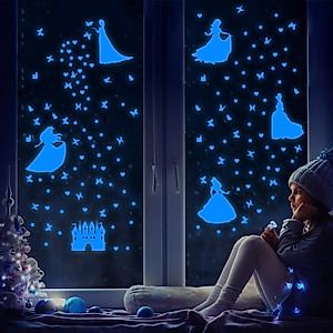 Glow in The Dark Princess Castle Wall Sticker, Self-Adhesive Star Butterfly Wall Decal for Girl's Room, Fluorescent Sticker for Ceiling Nursery (Blue)