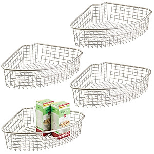 mDesign Farmhouse Metal Kitchen Cabinet Lazy Susan Storage Organizer Basket with Front Handle - Large Pie-Shaped 1/4 Wedge, 4.4" Deep Container - 4 Pack - Satin