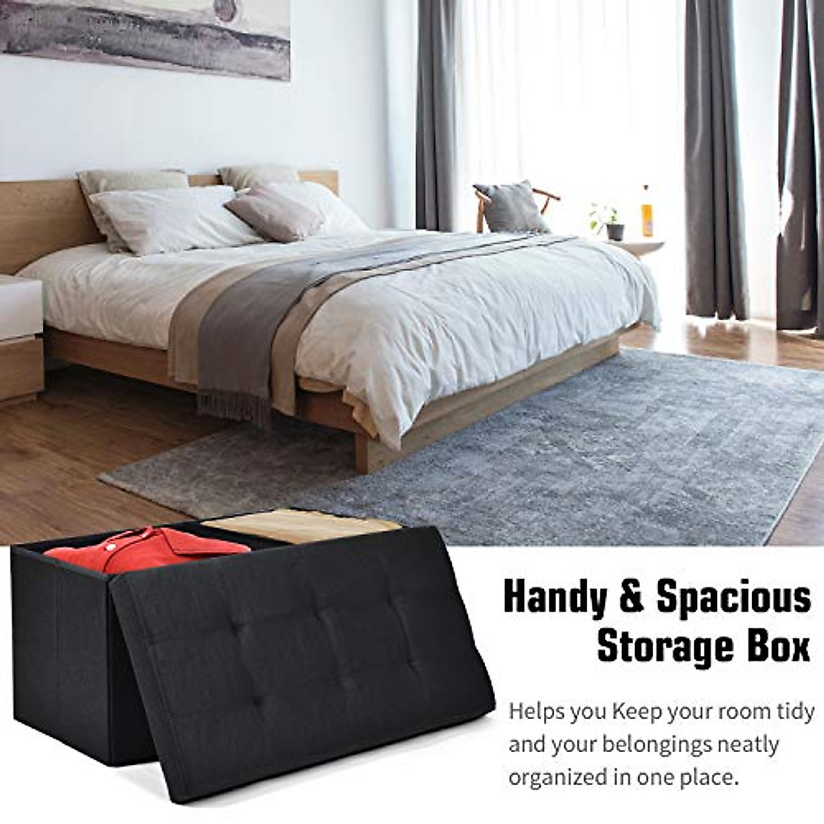 WoneNice Linen Folding Storage Ottoman Bench, Storage Chest Footrest Padded Seat, 30 x 15 x 15 Inches (Linen Black)