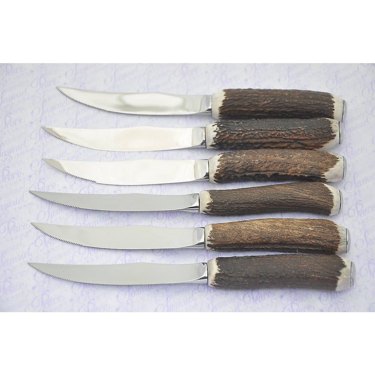 Six Cased Genuine Stag Horn/Antler Handle Steak Knives Made in Sheffield England Free Engraving