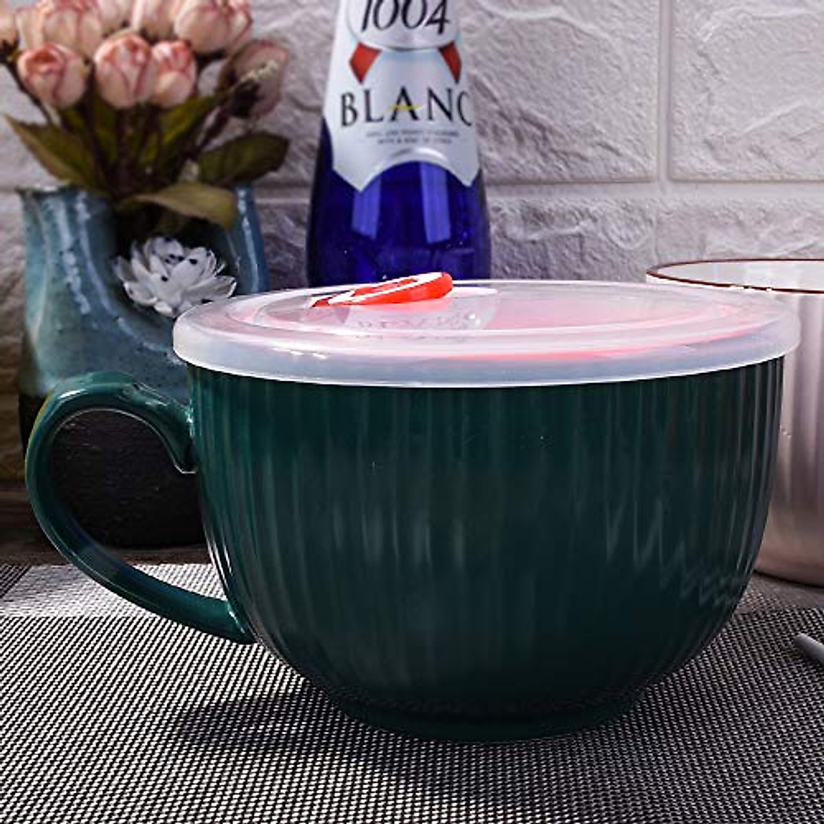 BOSILI Ceramic Bowl with Lid & Handle, 24 OZ Porcelain Soup Noodle Bowl with Lid, Microwave for Instant Noodle Sara, Cereal Bowl(Green)