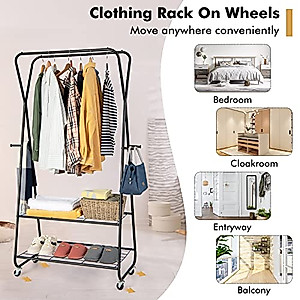 Giantex Metal Rolling Garment Rack, Clothing Rack with Wheels, Double Hanging Rods, 2 Shelves, 4 Hooks, Freestanding Clothes Organizer Rack with 2 Lockable Wheels for Bedroom, Balcony, Dorm, Black