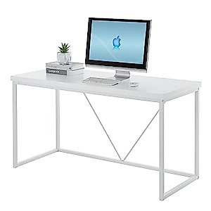 EXCEFUR Home Office Desk, Metal and Wood Computer Desk, Modern Rustic Work Study Writing Table for Living Room Bedroom, White Oak, 55 inch