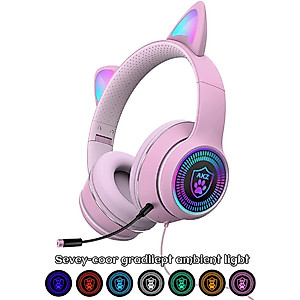 Zuri Sana Cat Ear Gaming Headphones Wired AUX 3.5mm with LED Light, Foldable Stereo Game Music Sound Over-Ear Headsets with Microphone Kids Adult Gift for PC, PS4, Switch, Cellphone, Pad, Laptop