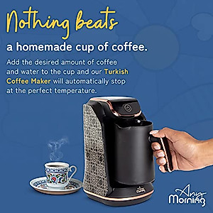 Any Morning Turkish Coffee Maker | Automatic Turkish/Greek Coffee Machine | 1-4-Cup Turkish Coffee Pot | Low-Watt Coffee Maker with Overflow Prevention, Sound Alarm, and Safety System