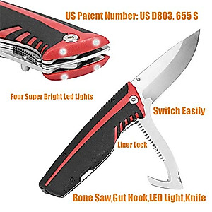 8.8in Survival Knife Outdoor Jungle Knives 9CR18 German High Carbon Steel Drop Point Tactical Knife Bone Saw Gut Hook LED Light 4 in 1 Knives with Nylon Sheath Red Black