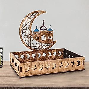 Likense Ramadan Serving Tray, Wooden Eid Ramadan Mubarak Serving Tray Eid Moon Star Shape Pastry Tray Wood Dessert Plate Table Decoration for DIY Home Dessert Cupcake Rustic Biscuit Snack