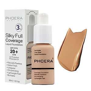 BestLand 2Pack PHOERA Foundation Full Coverage Liquid Foundation Cream - Long-lasting Lightweight Concealer - Oil-Free Formula - Natural Shade - Suitable for All Skin Types (104 Buff Beige & 105 Sand)