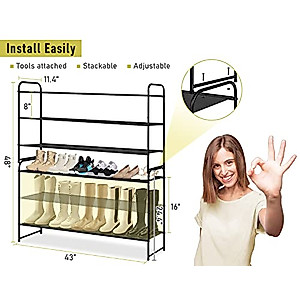 MISSLO 3-Tier Long Shoe Rack for Closet Shoe Organizer for Closet Floor Entryway Storage Stackable Wide Shoe Shelf Stores 24 Pairs of Men Sneakers, Black