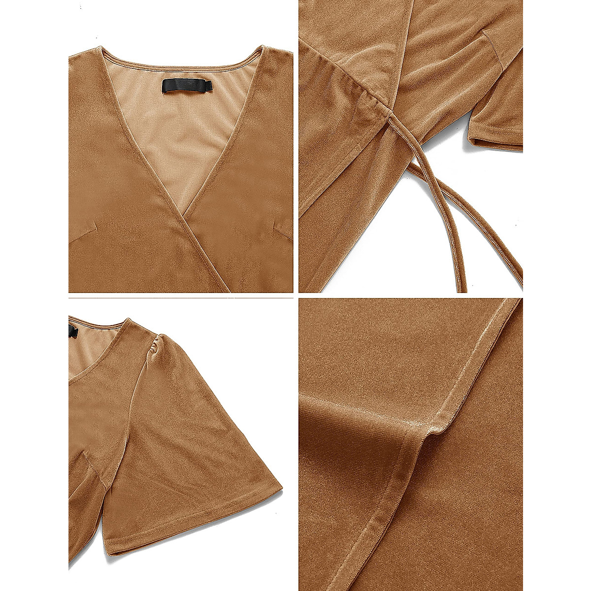 MEROKEETY Women's V Neck Wrap Velvet Maxi Dress Bell Sleeve Split Bridesmaid Cocktail Party Dresses, Golden, X-Large