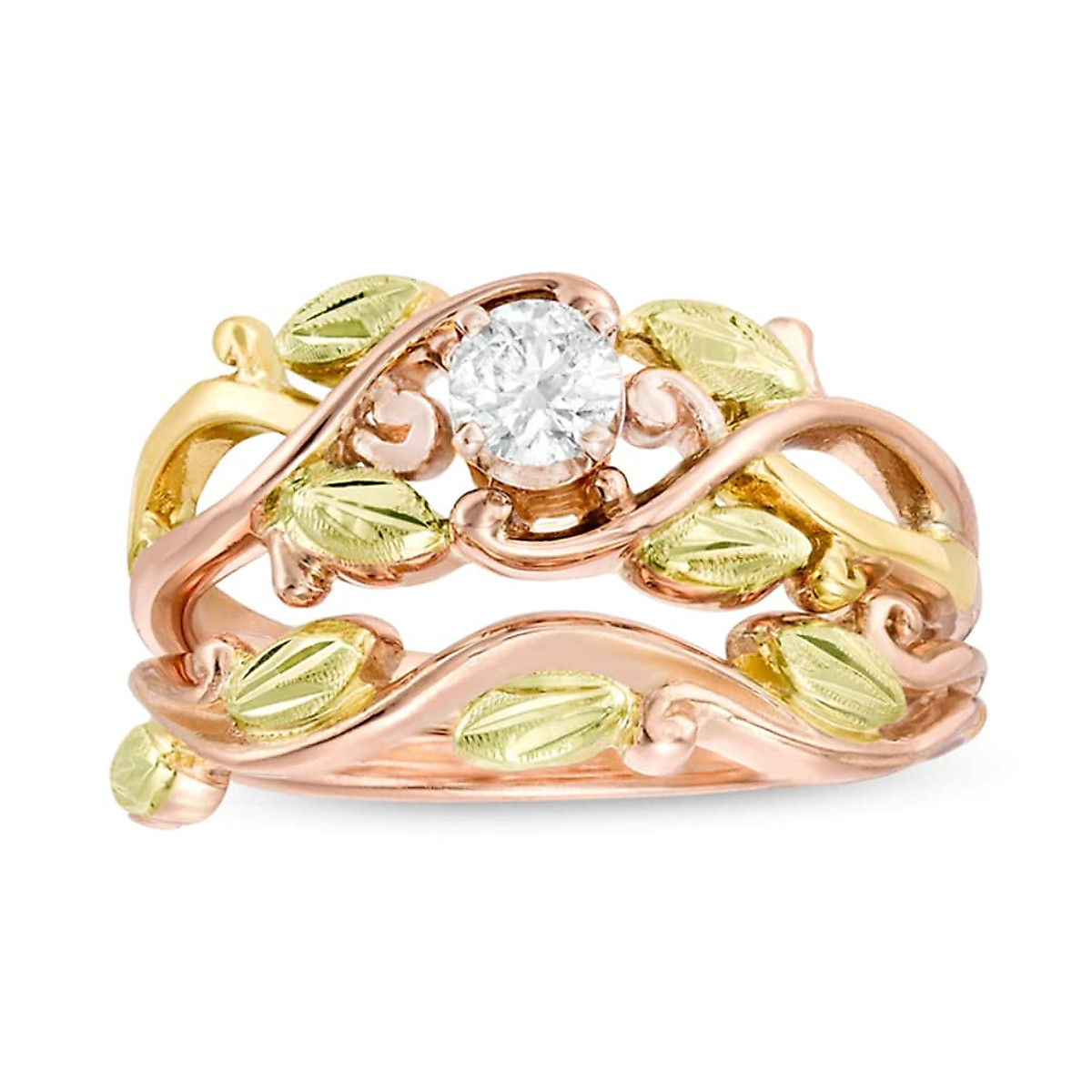 10k Rose and Yellow Gold, Foliage Diamond Engagement and Wedding Ring Set, 12k Green Black Hills Gold Size 9