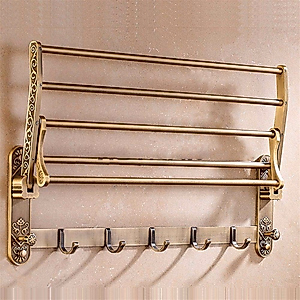 VoOqo Bathroom Towel Holder, Towel Rail Wall Mounted Aluminum Foldable Antique Brass Bath Towel Rack Active Bathroom Towel Holder Double Towel Shelf with Hooks Bathroom Accessories Convenient