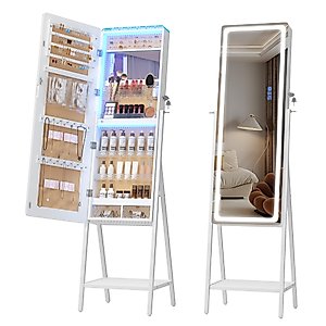LVSOMT RGB LED Jewelry Mirror Cabinet, Standing Jewelry Armoire Organizer, Stand Up Full-Length Mirror with Jewelry Storage, LED Lighted Floor Mirror, 14 Lights + Dimmable + Adjustable Speed, White