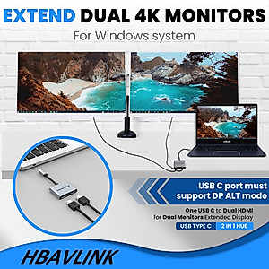 HBAVLINK USB C to Dual HDMI Adapter for Dual Monitor, w/2pack HDMI Cable, Supports Dual 4K@30Hz, Compact Aluminum Alloy Housing