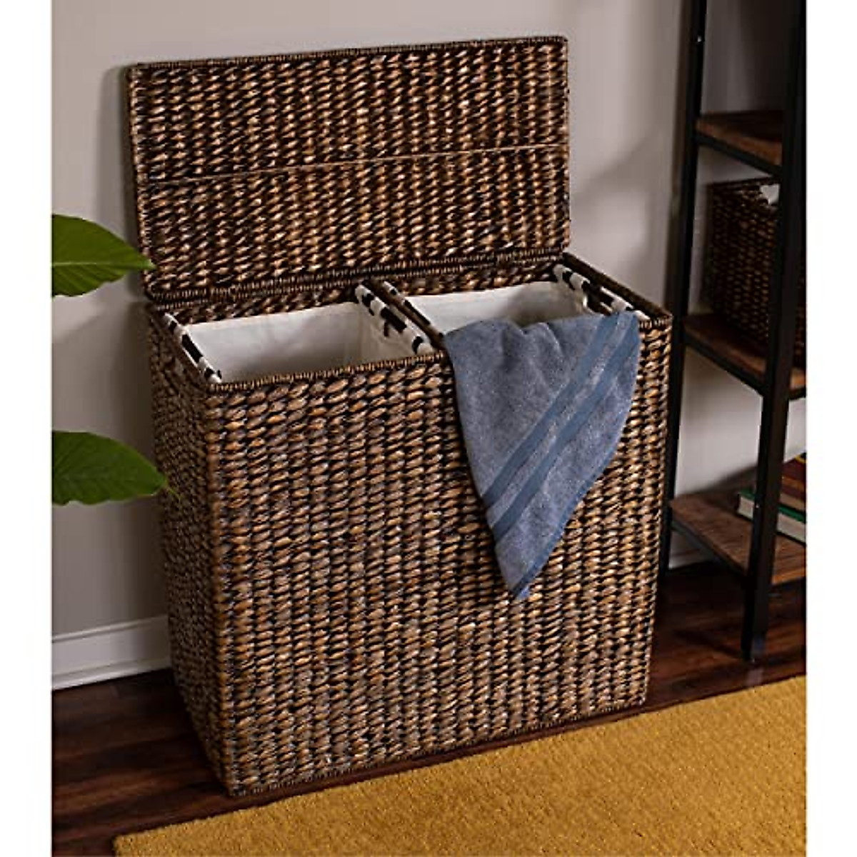 BirdRock Home Oversized Divided Hamper with Liners and Lid - Brown Wash - Handwoven Natural Woven Seagrass Fiber - Organize Clothes Storage - Easy Transport - Extra Large Double Basket - 2 Liners