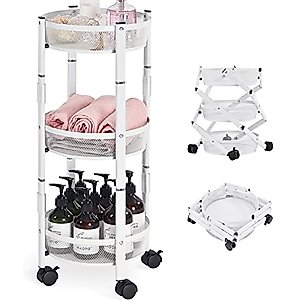APEXCHASER 3-Tier Metal Storage Rolling Cart, Collapsible Utility Cart, No Assemble, Multifunction Serving Organizer Trolley with Lockable Wheels for Kitchen, Living Room, Bathroom,White