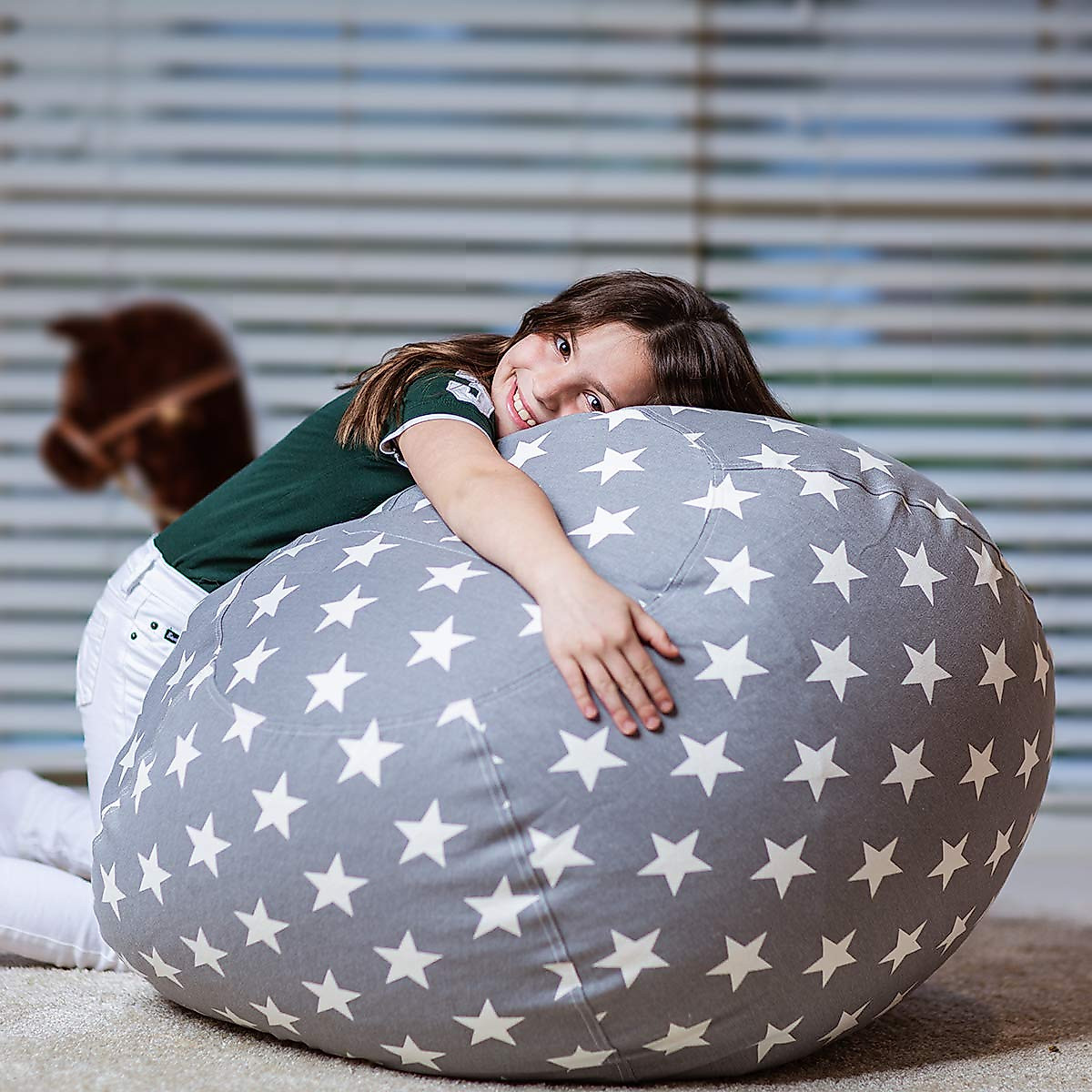 Wekapo Stuffed Animal Storage Bean Bag Chair Cover for Kids | Stuffable Zipper Beanbag for Organizing Children Plush Toys Large Premium Cotton Canvas (Grey star, X-Large)
