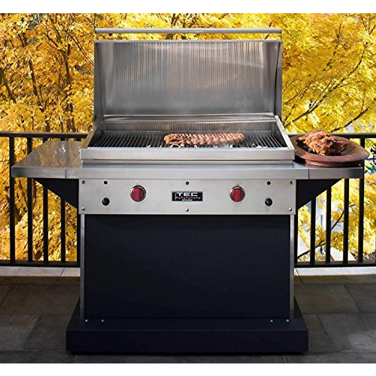 TEC Patio 2 FR Infrared Grill On Stainless Steel Pedestal with Two Side Shelves and Half Warming Rack (PFR2LPCABS-PFR2WR19), Propane Gas