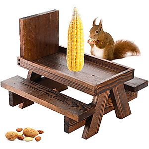 YOUEON Wooden Squirrel Feeder with Corn Holder, Squirrel Picnic Table Feeder with Bench and Plank Squirrel Feeder Table Stable Squirrel Feeders for Outside, Garden, Yard, Holding Nuts, Fruits, Berries