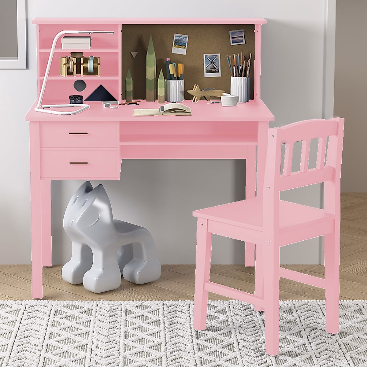 Mjkone Kids Table & Chair Set, Living and Learning Kids' Desk with Hutch and Chair Set, Children’s Desk with 2 Drawers for Storage, Students' Study Computer Workstation with Multiple Cubbies, Pink