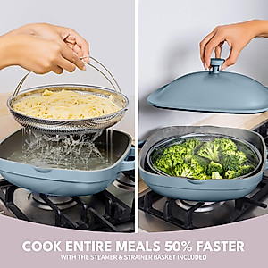 Sliq Nonstick Ceramic Saute Pan with Steamer, Non Toxic Deep Frying Pan, 11 Inch Dishwasher Safe, Replaces All Pans in One, PFOA and PTFE Free, 4 qt, Blue Mist