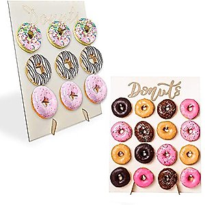 2 Pack Donut Wall Display Stand for Party, Wedding, Event, Brunch, and Birthday Use, Decorative Doughnut and Bagel Holder, Pop-Up Tabletop Placement, Laser Engraved Bamboo