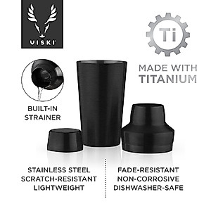 Viski Titanium Cocktail Shaker, Cobbler Shaker with Brushed Finish, Built-In Strainer and Cap, 18.5 Oz, Set of 1, Black