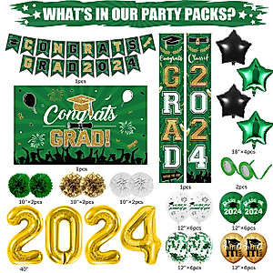 Green Gold Graduation Party Decorations 2024,Class of 2024 Graduation Party Supplies Include Congrats Grad Banner, Grad Backdrop, Porch Sign,Balloons,Foil Number 2024 for Graduation Party Supplies