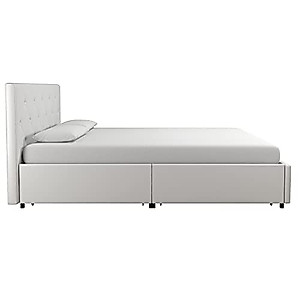 DHP Dakota Upholstered Platform Bed with Underbed Storage Drawers and Diamond Button Tufted Headboard and Footboard, No Box Spring Needed, Queen, White Faux Leather