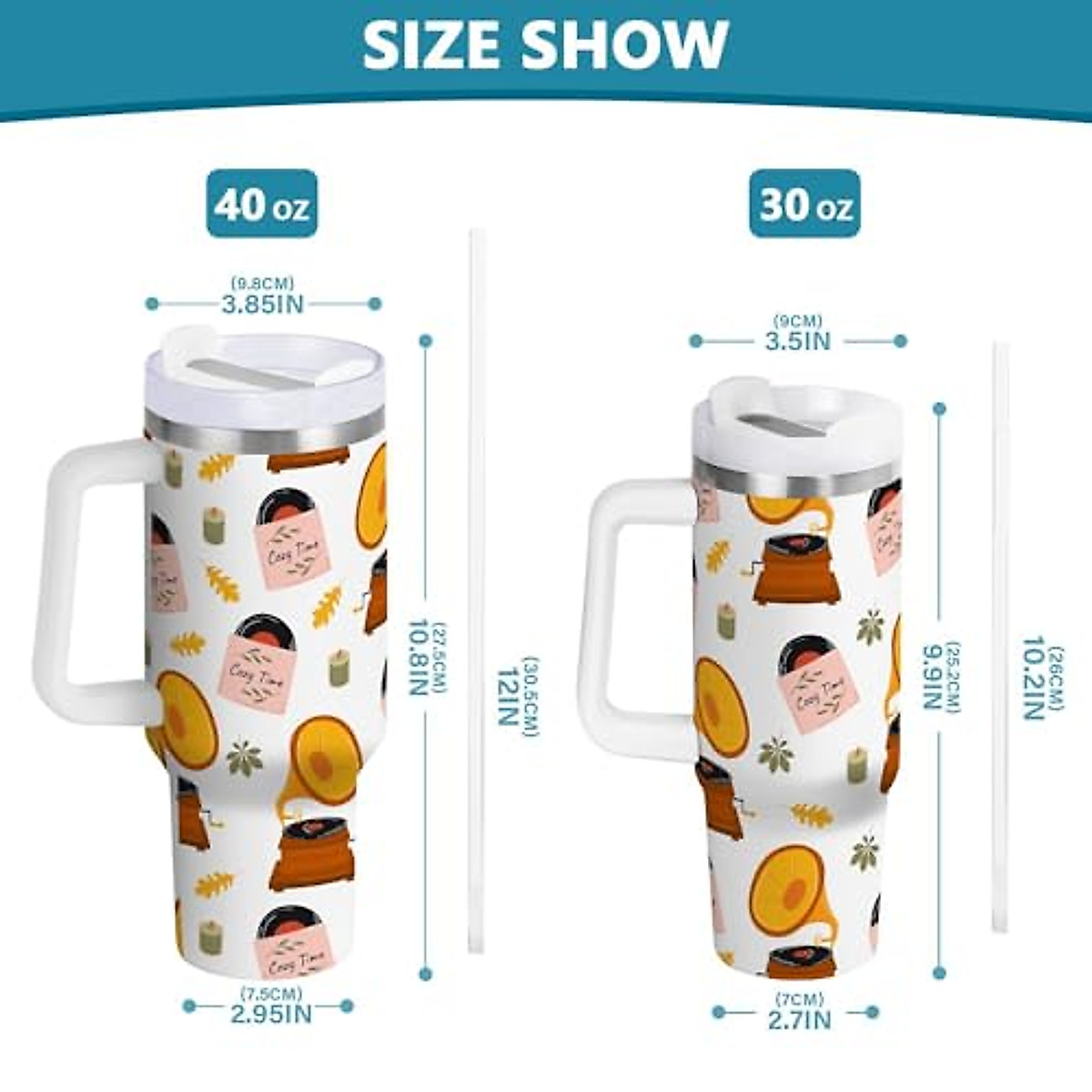 Emelivor Gramophones Records White 40 oz Tumbler with Lid and Straw Insulated Tumblers with Handle Leak Proof Coffee Tumbler Mug Large Water Bottles Fits in Car Cup Holder